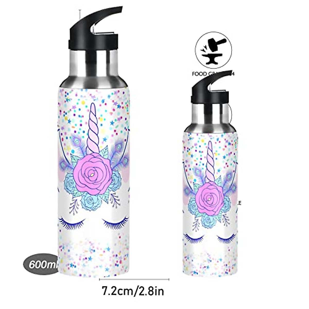 Star Flowers Unicorn Water Bottle with Straw Lid Double Wall Thermos Bottle Vacuum Insulated Flask Stainless Steel Water Bottle for Gym Outdoor 20 OZ
