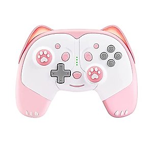 SIMGAL Wireless Controller Compatible with Nintendo Switch/Switch Lite/Switch OLED, Cute Cat Bluetooth Pro Controller with Turbo, Motion, Vibration, Wake-up, Headphone Jack and Breathing LED Light (Pink)