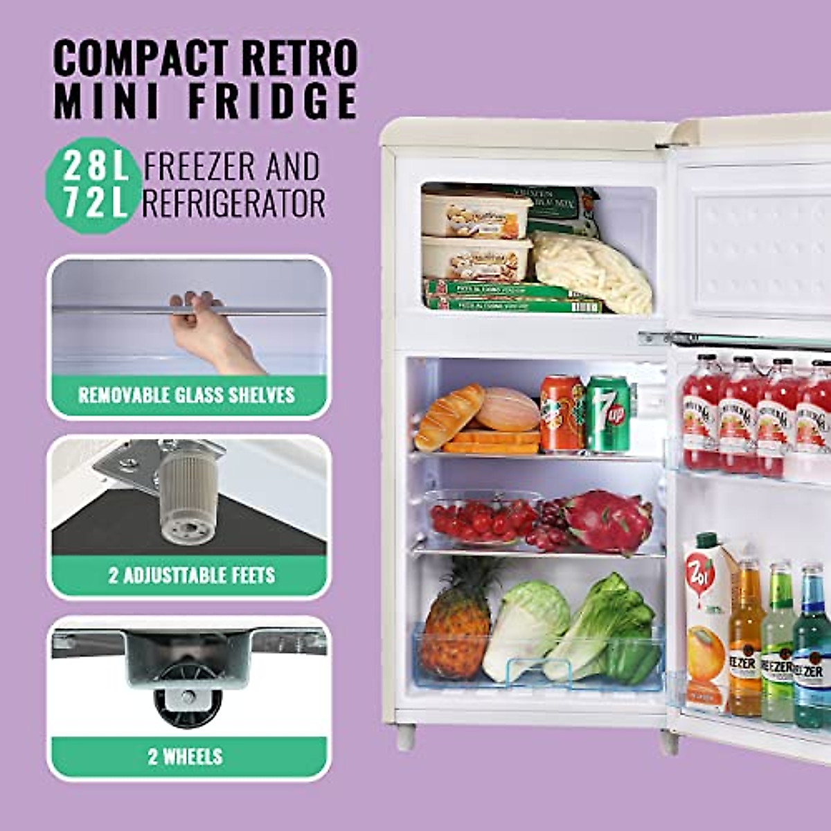 DEMULLER Retro Mini Fridge 3.5 Cu.ft Refrigerator with Top Freezer Compact Fridge Apartment Size Refrigerator Dual Door Fridge with Handles Small Refrigerator for Home Office Dorm