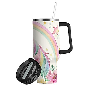 linqin Rainbow Unicorns and Flowers Vacuum Insulated Tumbler with Lid and Straw 40 oz Large Water Bottle Reusable Camp Mug for Home, Office or Car