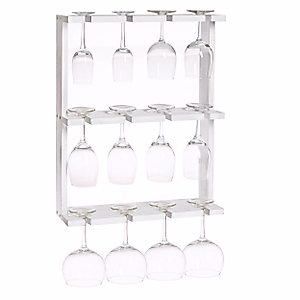 Ilyapa Wine Glass Rack, Wall Mounted - 3 Tier Rustic Weathered White Wood Stemware Storage Holder