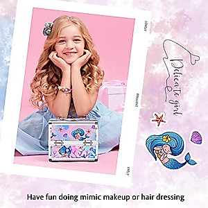 Joligrace Makeup Train Case for Girls Cosmetic Box Kids Jewelry Organizer Hair Accessories Storage Lockable with 2-Tier Trays & Mirror Mermaid Princess