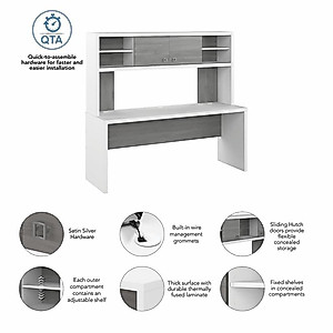 Pemberly Row 72W Computer Desk with Hutch in Pure White & Gray - Engineered Wood