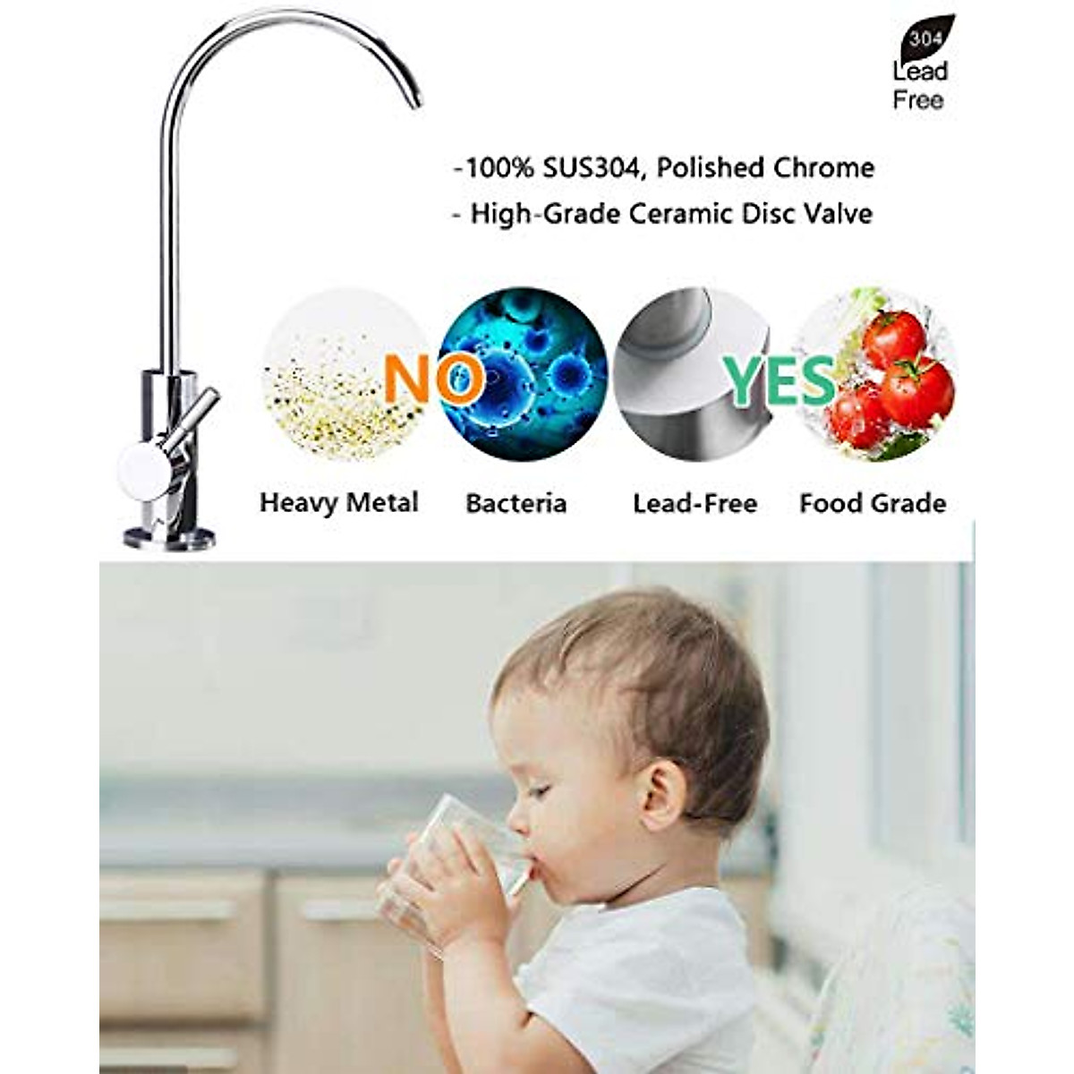 ESOW Kitchen Water Filter Faucet, 100% Lead-Free Drinking Water Faucet Fits Most Reverse Osmosis Units or Water Filtration System in Non-Air Gap, Stainless Steel 304 Body Polished Chrome Finish
