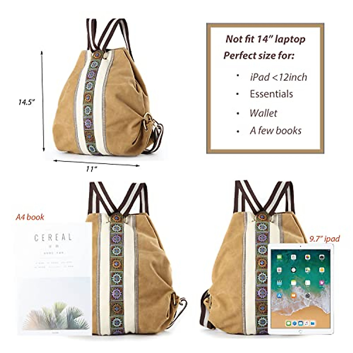 Goodhan Women Canvas Backpack Daypack Casual Shoulder Bag, Vintage Heavy-duty Anti-theft Travel Backpack (Yellow)