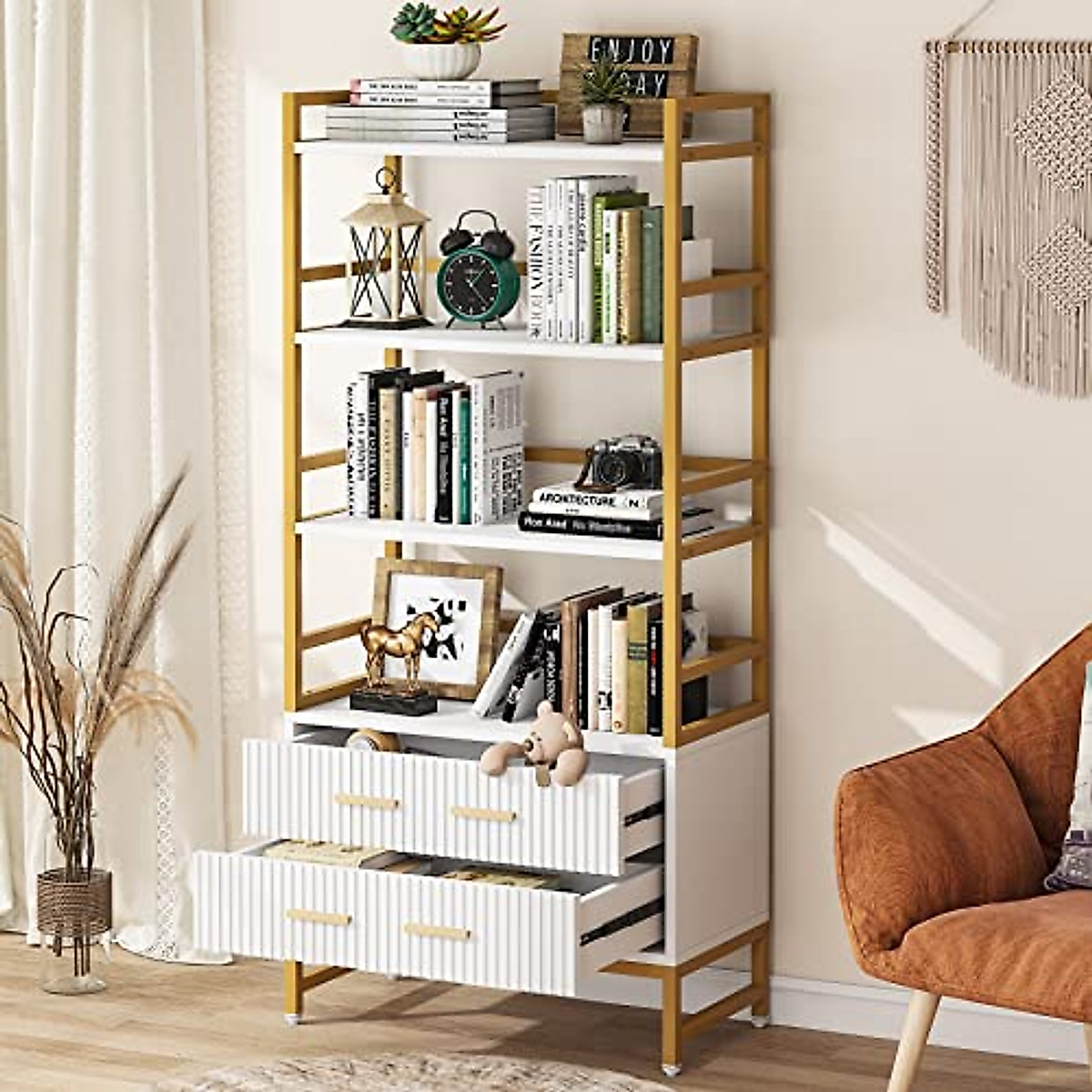 Tribesigns Gold White Bookshelf with 2 Drawers Striped, Tall Ladder Shelf Bookcase with Storage, Modern Bookcases and Book Shelves 4 Shelf Organizer, Metal Wood Book Shelving Unit for Bedroom, Office