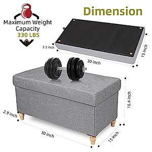 GLAXYFUR Storage Ottoman with Wooden Legs, Folding Storage Bench for Living Room, 30" Linen Fabric Ottoman Foot Rest Stool (Linen, Light Grey)
