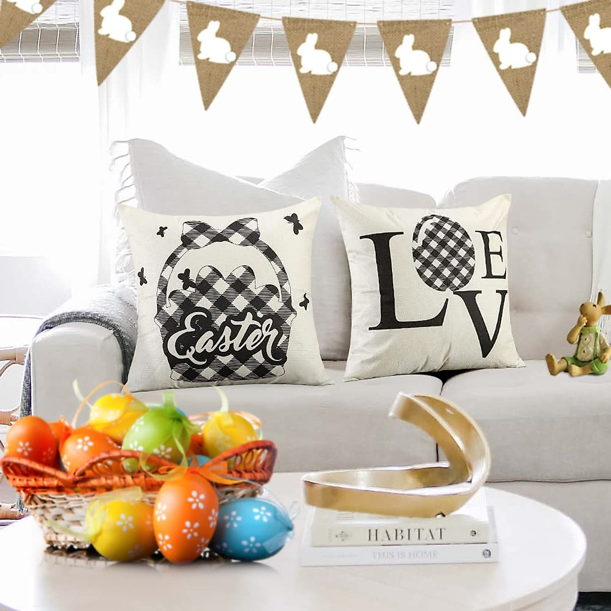 Ohok Easter Pillow Covers 18x18 Set of 4 Spring Pillow Covers Black and White Striped Rabbit Basket Decorative Pillow Covers for Farmhouse Home Decor Sofa Couch Chair Bed Bedroom Living Room