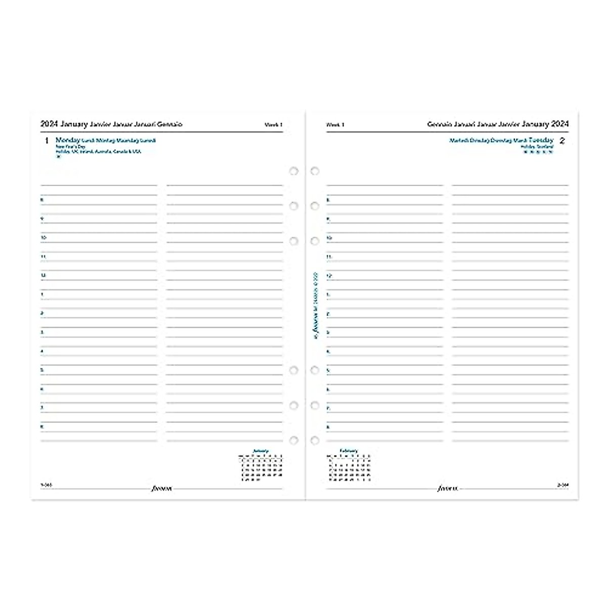 Filofax Calendar Diary Refill, A5 Size, Day on One Page with Appointments, White Paper, Multilingual: Five Languages, 2024 (C68515-24)