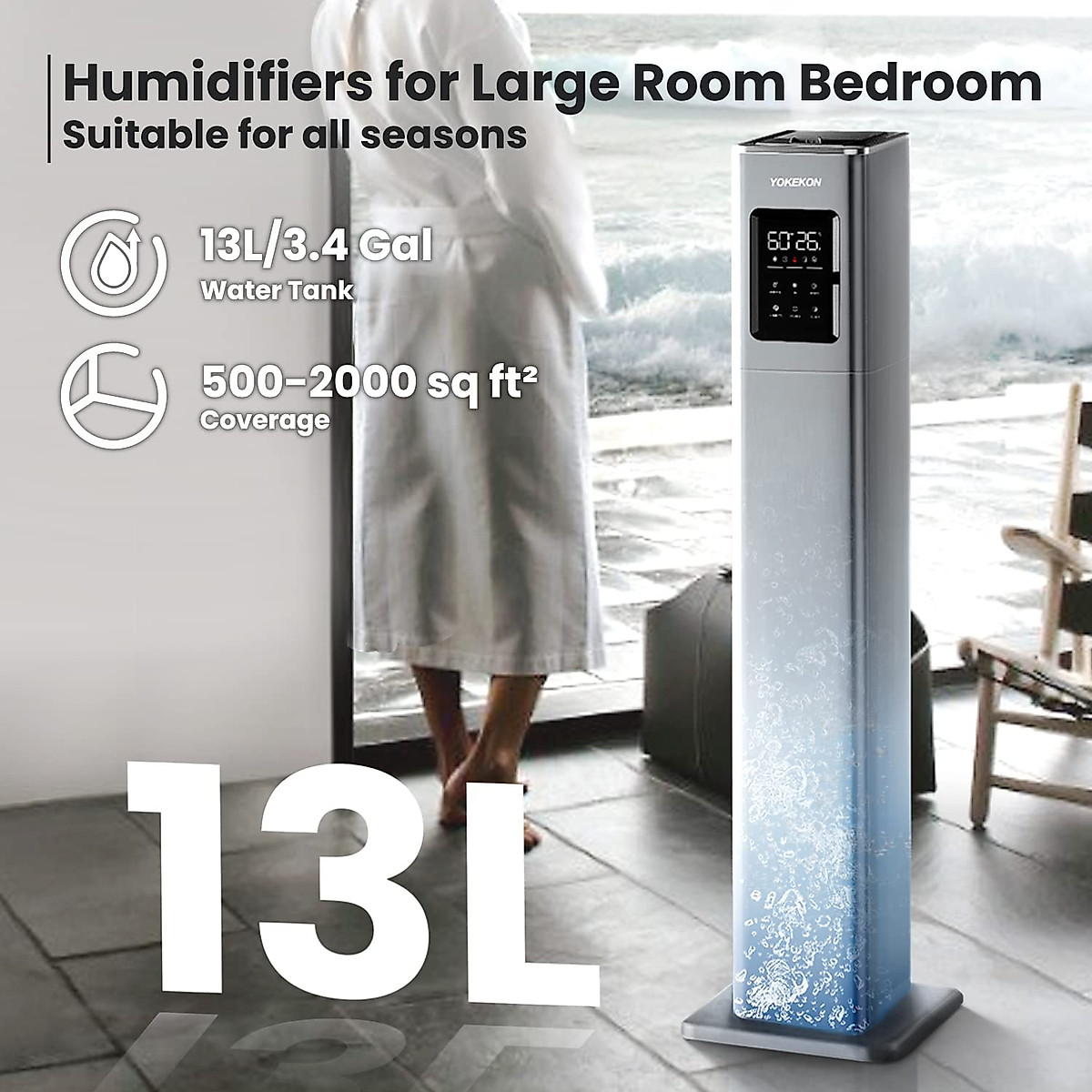 Humidifiers for Large Room Bedroom-YOKEKON 3.4Gal/13L Large Room Floor Humidifiers for Home, Ultrasonic Cool Mist Humidifier, Essential Oil Diffuser, Timer, Auto Shut-Off, Top Fill, Black…