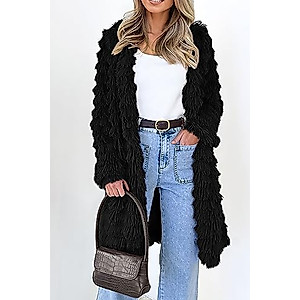 PRETTYGARDEN Women's Winter Faux Fur Jackets Fall Fashion Open Front Long Shaggy Coat Outerwear (Black,Medium)