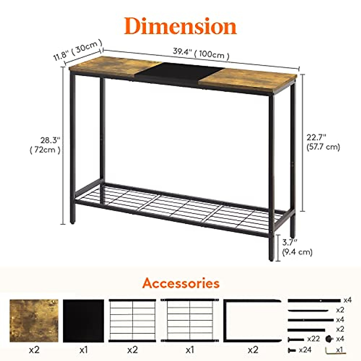 Lifewit 39.4" Console Entryway Table, 2-Tier Industrial Sofa Table with Storage Shelves for Hallway, Living Room,Bedroom, Metal Frame, Rustic Brown & Black, Easy Assembly