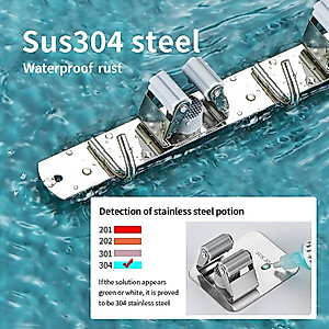 Mokife Mop Broom Holder Wall Mount Heavy Duty Adhesive Tools Organizer Rack Stainless Steel with 4 Positions 5 Hooks for Utility Room, Garage, Laundry, Garden, Kitchen, Bathroom, Toilet and Office