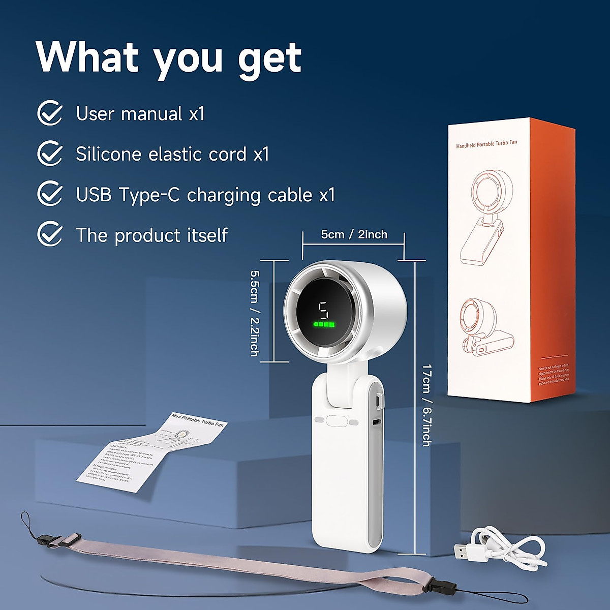 Portable Handheld Turbo Fan for Travel - 5 Gear Wind, Up to 12 Working Hours, 3-IN-1 Handheld Mini Fan with Air Turbo Tech Cooling, Perfect Personal Rechargeable Pocket Fan for Outdoor Activities