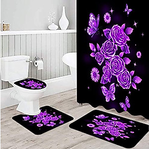 OuElegent 4Pcs Purple Flower Shower Curtain Set Glittering Rose Butterfly Daisy in Night Bathroom Decor Sparkle Romantic Rustic Floral Bathtub Curtain with Non-Slip Rugs Toilet Lid Cover and Bath Mat