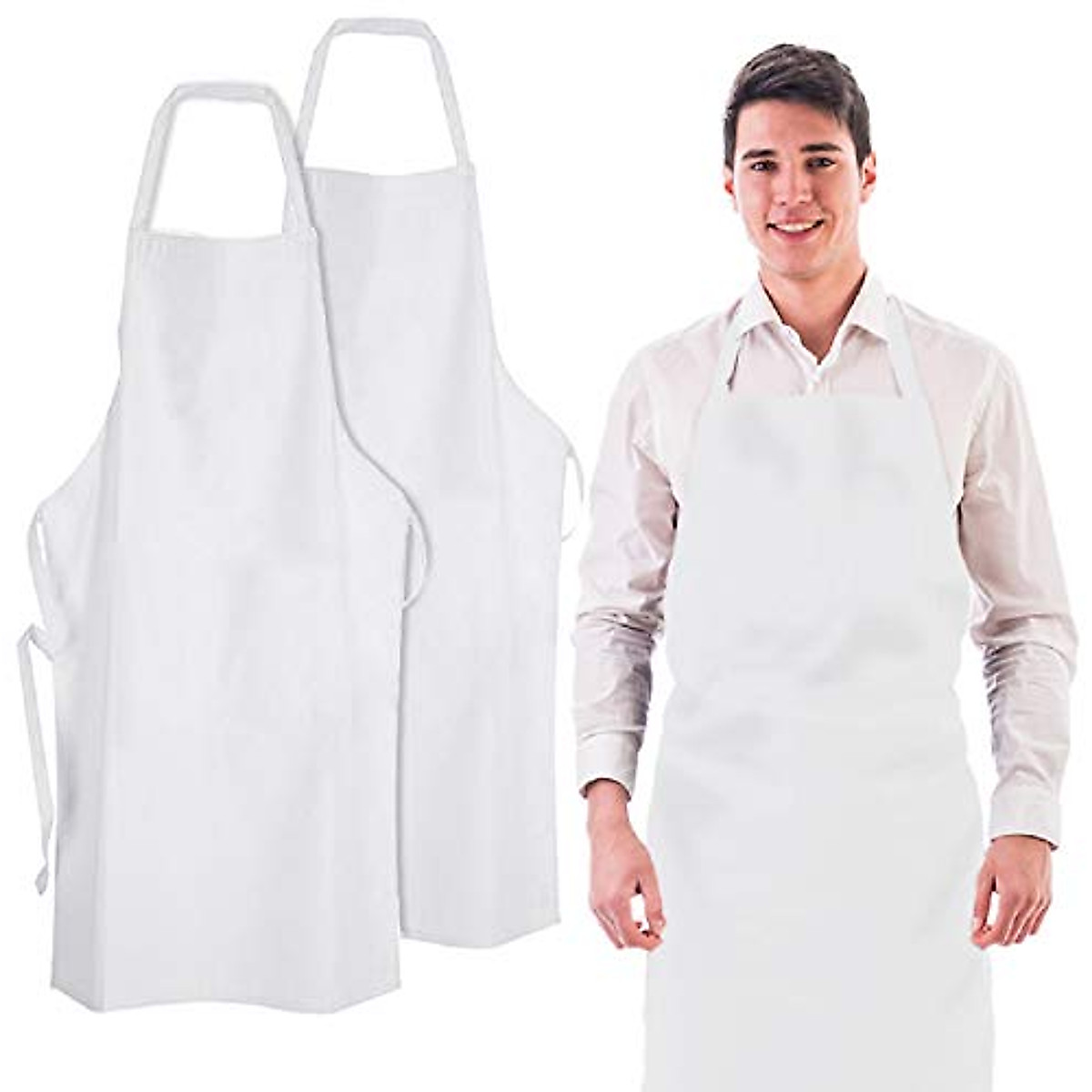 Wealuxe White Apron without Pockets 2 Pack, Professional Bib Apron Bulk, Cooking Aprons for Women and Men, Adult Chef Apron for Kitchen and Restaurant