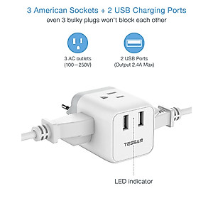 TESSAN Switzerland Plug Adapter, Swiss Travel Power Adaptor with 3 Outlets 2 USB Ports, Plug Converter for US to Switzerland, Liechtenstein, Rwanda, Type J