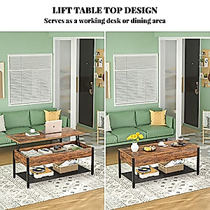 Homieasy Coffee Table, Lift Top Coffee Table with Storage Shelf and Hidden Compartment, Modern Lift Top Table for Living Room, Wood Lift Tabletop, Metal Frame - Rustic Brown