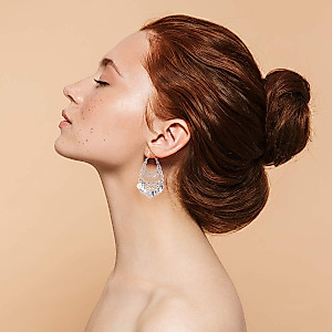 Bohemian Boho Chandelier Dangle Drop Earrings for Women – Lightweight Filigree Gypsy Coin Disc Tassel Charm Hoops – included Gift Box (Silver)