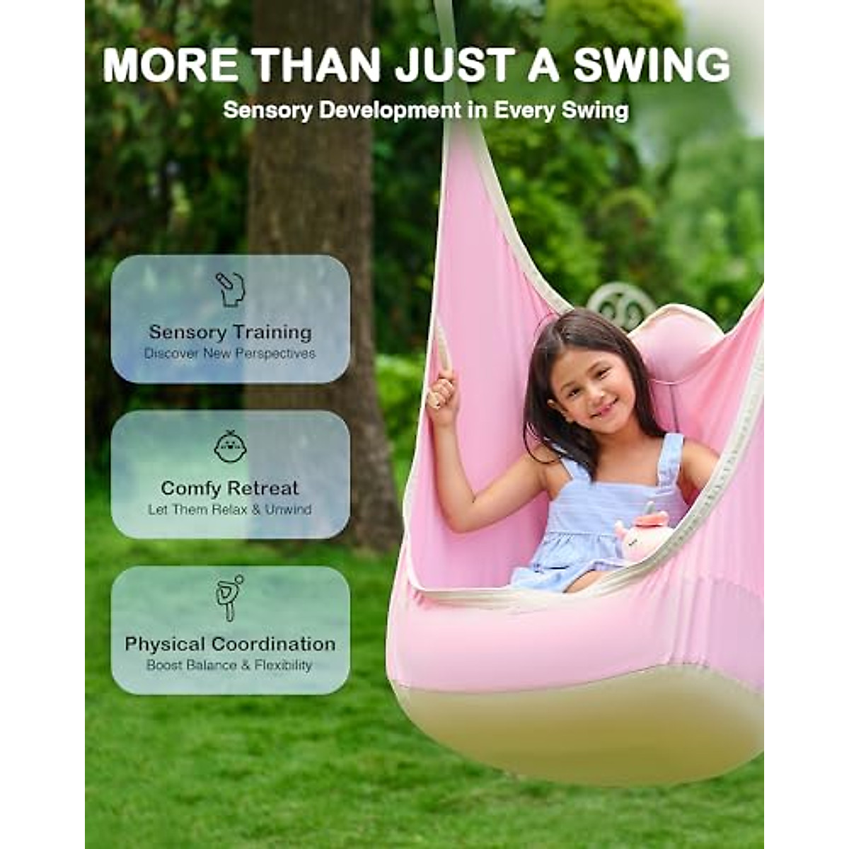 CO-Z Upgraded Kids Pod Swing, Hanging Pod Swing Chair with Inflatable Cushion, Child Hanging Hammock Swing for Indoor and Outdoor, Sensory Pod Swing for Kids (Two Straps, Pink)