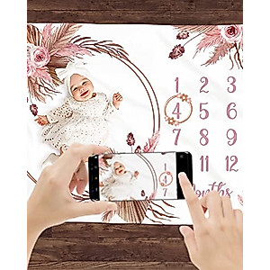 Eunikroko Floral Boho Baby Monthly Milestone Blanket Little Girl Bohemian Photo Prop Blanket Pampas Grass Ideas for Newborn Princess Pink Nursery Décor 40" X 50"