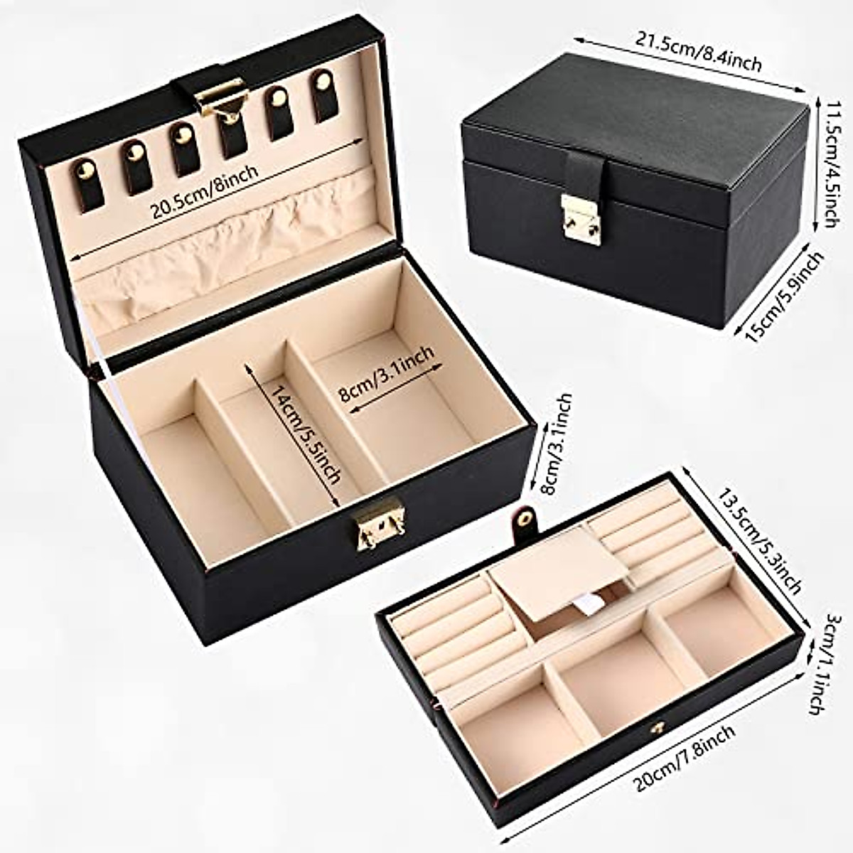 CHFONG Jewelry Box, 2 Layers PU Leather Display Jewellery Holder, Removable Travel Portable Jewelry Case for Necklace Earrings Rings Bracelets, Jewelry Boxes Organizer for Women Girls Wife - Black