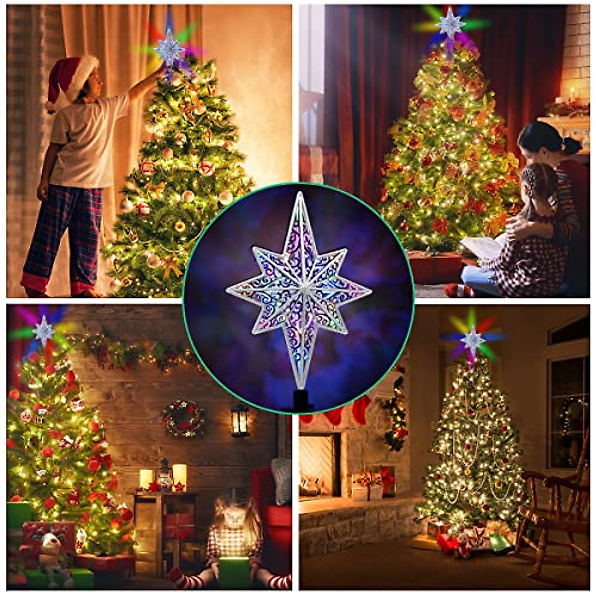 Christmas Tree Topper, Yocuby Hollow Silver Star Christmas Tree Topper Lighted with LED Rotating Magic Ripple Light for Crown Xmas Tree Topper Decoration, Wall Party Holiday Déco