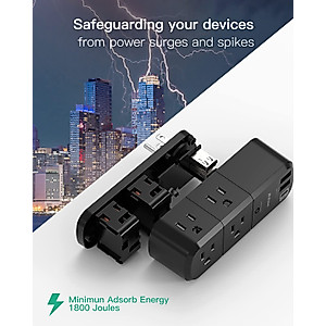 USB Outlet Extender Surge Protector - with Rotating Plug, 1800 Joules, 6 AC Multi Outlet and 3 USB Ports (1 USB C), 3-Sided Swivel Power Strip with Spaced Splitter for Home, Office, Travel