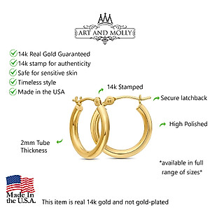 14k Yellow Gold Classic Real Gold Shiny Polished Hoop Earrings, Small Plain Round Gold Earrings Real Gold Tiny 14k Gold Extra Small Hoops 12mm (0.47 inch)