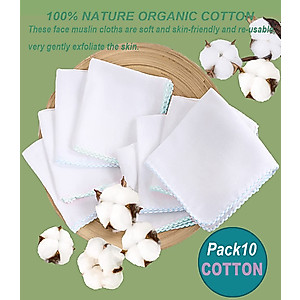 Yaosan Soft Face Muslin Cloths Pure Cotton Facial Cleansing Cloths Reusable Polishing Cleanser- Pack 10 (Blue Edge)