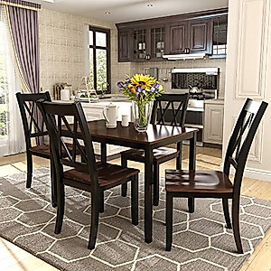 BEDGJH 5-Piece Wood Dining Table Set, Kitchen & Dining Room Furniture-1 Solid Wood Round Table w/ 4 Cross Back Chairs for Breakfast Lunch Dinner Living Space (Black+Cherry)