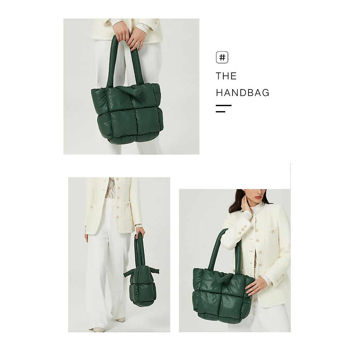 Puffer Tote Bag Quilted Tote Bag for Women Down Fall Winter Handbag Puff Bag Aesthetic Shoulder Bag Stuffing Pillow Bag (White)