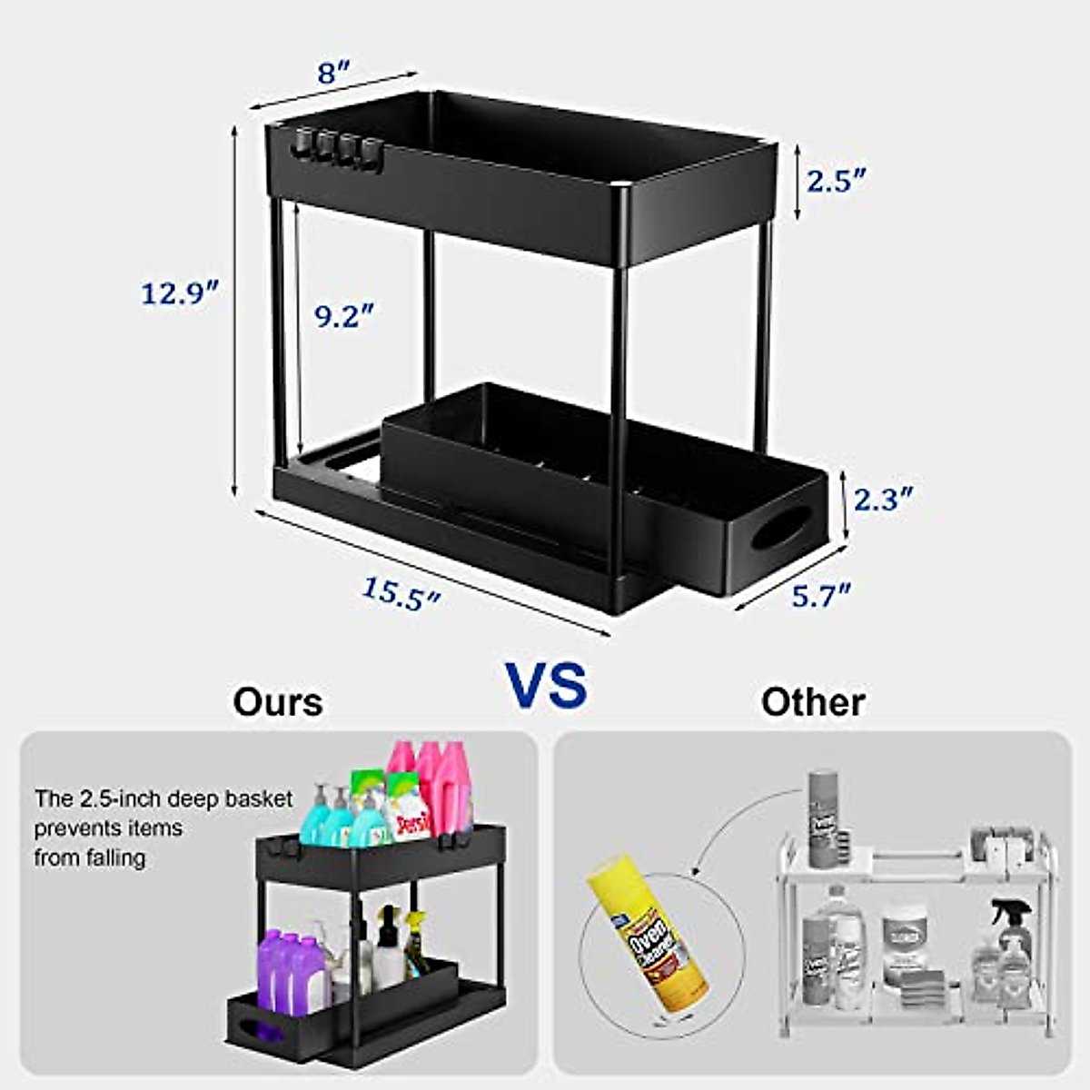 KMIGRUAN Under Sink Organizers and Storage,2 Tier Kitchen and Bathroom Organizer Under Sink Shelf，Multi-function with Hook Under Cabinet Organizer
