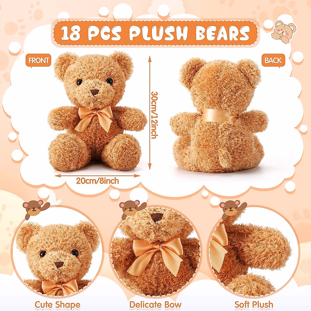 HyDren 18 Pcs Bear Stuffed Animals Bulk 12 Inch Soft Plush Bears Doll Small Stuffed Bear Toy with Bows for Girl Boy Baby Shower Christmas Birthday Decor Gift Party Favors (Light Brown)