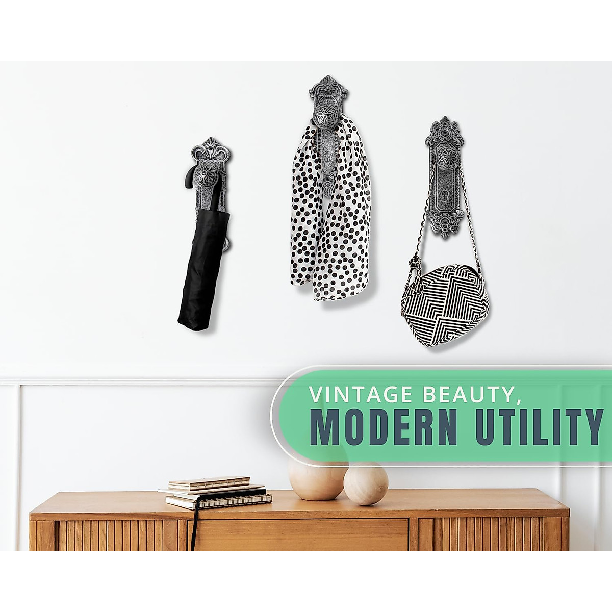 Shabby Chic Cast Iron Decorative Wall Mounted Hooks – Silver w/Black - Door Knob Coat Hooks for Wall - Set of 3 - Screws and Anchors Included - Antique Wall Hooks for Hanging Clothes