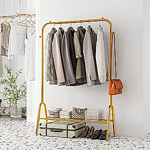 YMHT Garment Rack Metal Gold Clothing Rack with Shelves Clothes Rack with Shoe Shelves Hat Hooks Bedroom Cloakroom (Gold)