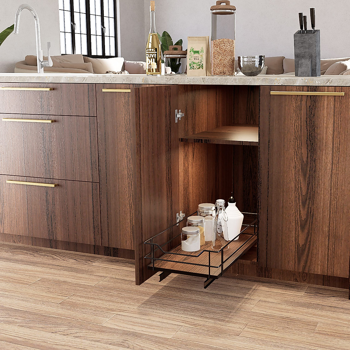 Home Zone Living Pull Out Kitchen Cabinet Organizer with Slide Out Drawer for Space Saving Storage, 11”W x 21”L, Matte Black Dark Brown Wood Finish