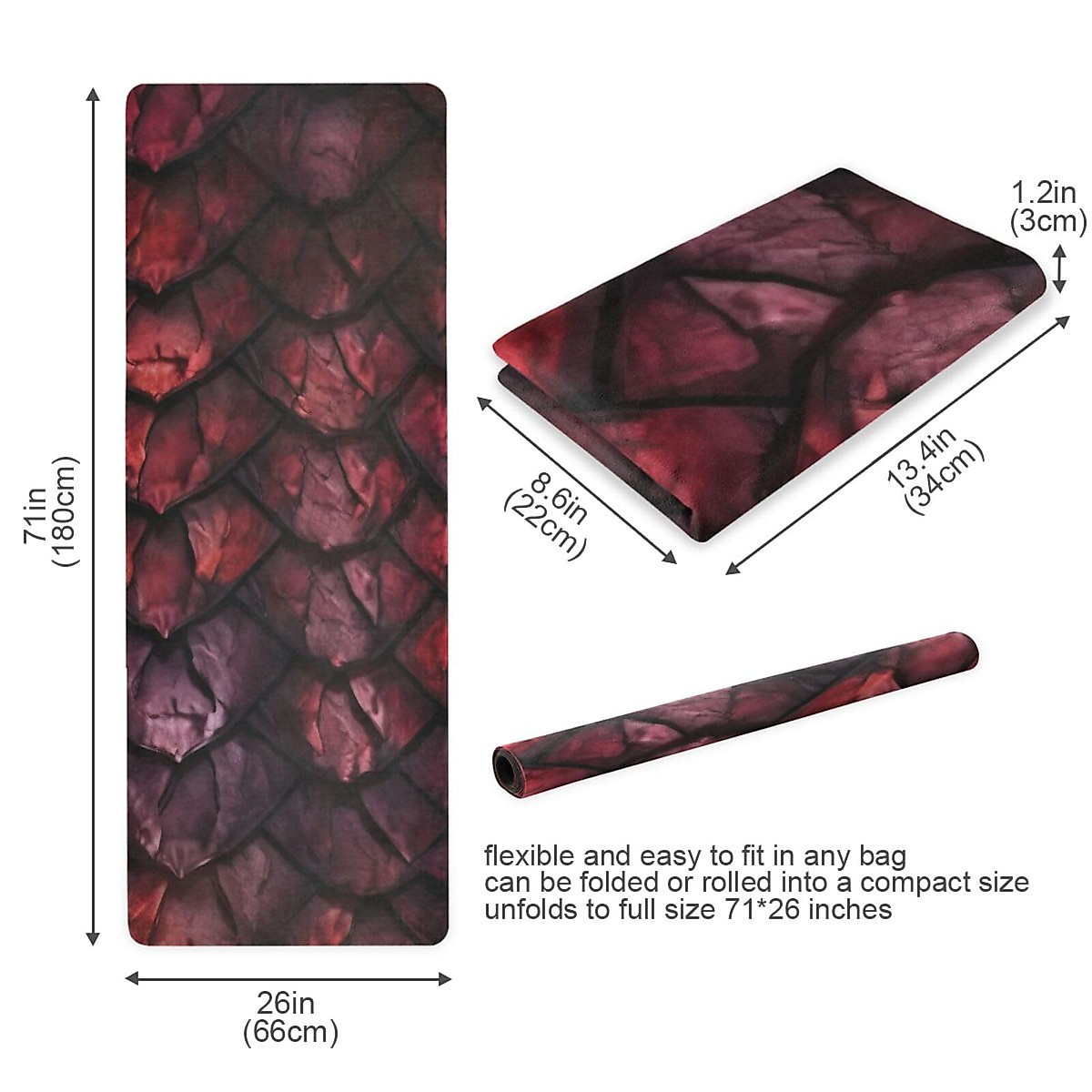 GOODOLD Red Dragons Scale Yoga Mat, 71 x 26 Inch Non-slip Yoga Mats Folding Travel Exercise Mat Indoor Outdoor Gym Pilates with Storage Bag for Women Men