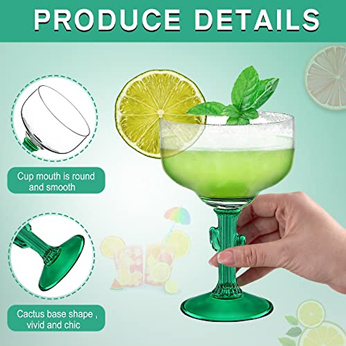 4 Pack Cactus Margarita Glasses Saguaro Margarita Glasses Cactus Green Rim Hand Blown Cactus Cocktail Glass for Drinking Margaritas, Pina Coladas, Daiquiris, and Other Cocktails (12 oz)