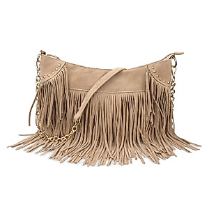 HOXIS Studded Tassel Faux Suede Leather Hobo Cross Body Chain Shoulder Bag Womens Satchel (Khaki)