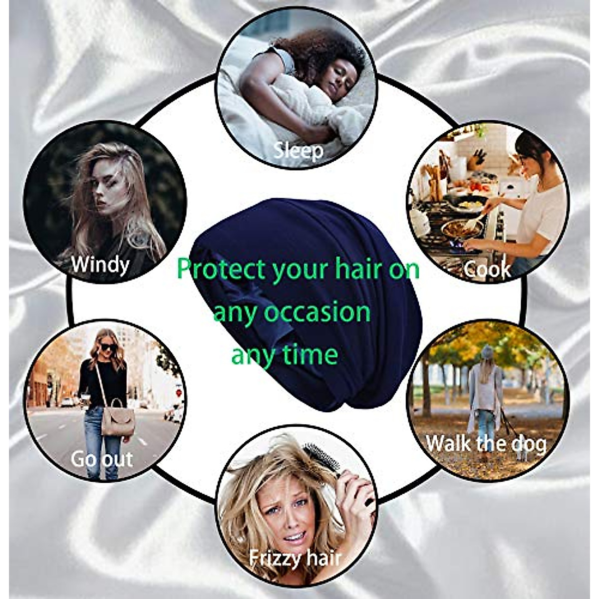 Satin Bonnet Sleep Cap Hair Cover Bonnet Satin Lined Slouchy Beanie Night Sleeping Hat - Adjustable for Curly Hair