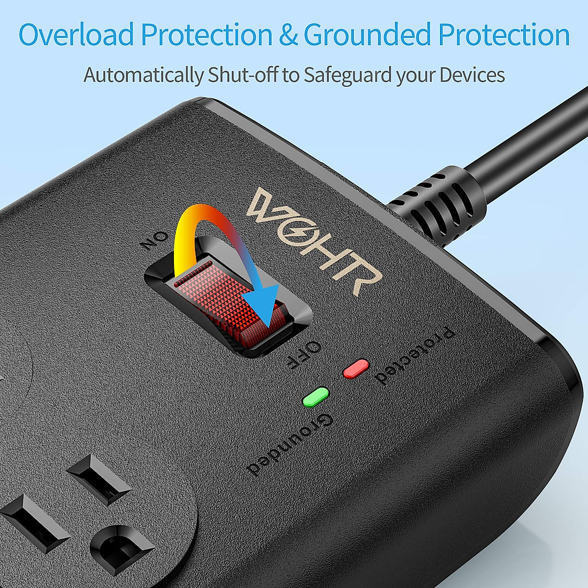 Power Strip with PD 20W USB C Port, Wohtr Surge Protector with 10 AC Outlets & 4 USB Ports (1 USB-C, 3 USB-A), 1875W/2370J, 6ft Heavy Duty Extension Cord, Flat Plug,Wall Mount, Overload Protection