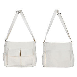 Canvas Messenger Bag Crossbody Shoulder Bag for Men and Women Vintage Tote Laptop Bag Large Hobo Bag with Multiple Pockets (Off-White)