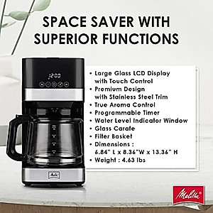 Melitta Aroma Tocco Glass Drip Coffee Maker | Programmable Coffee Machine | Glass Carafe Coffee Pot | 10 Cup Coffee Maker | Glass Touch Control Panel | Stainless Steel accented Coffee Maker