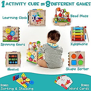 HELLOWOOD Wooden Activity Cube, 8-in-1 Montessori Toys Gift Set for 12+ Months Boys & Girls, Educational Learning Toys for Toddlers Age 1-2, One Year Old Baby Birthday Gifts, Bonus Sort & Stack Board