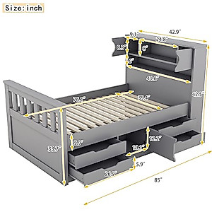 DEYOBED Twin Size Captain Platform Bed with Storage Bookcases, Shelves and 4 Drawers, Twin Wood Storage Platform Bed with Removable Storage Space for Kids, Boys and Girls, Gray