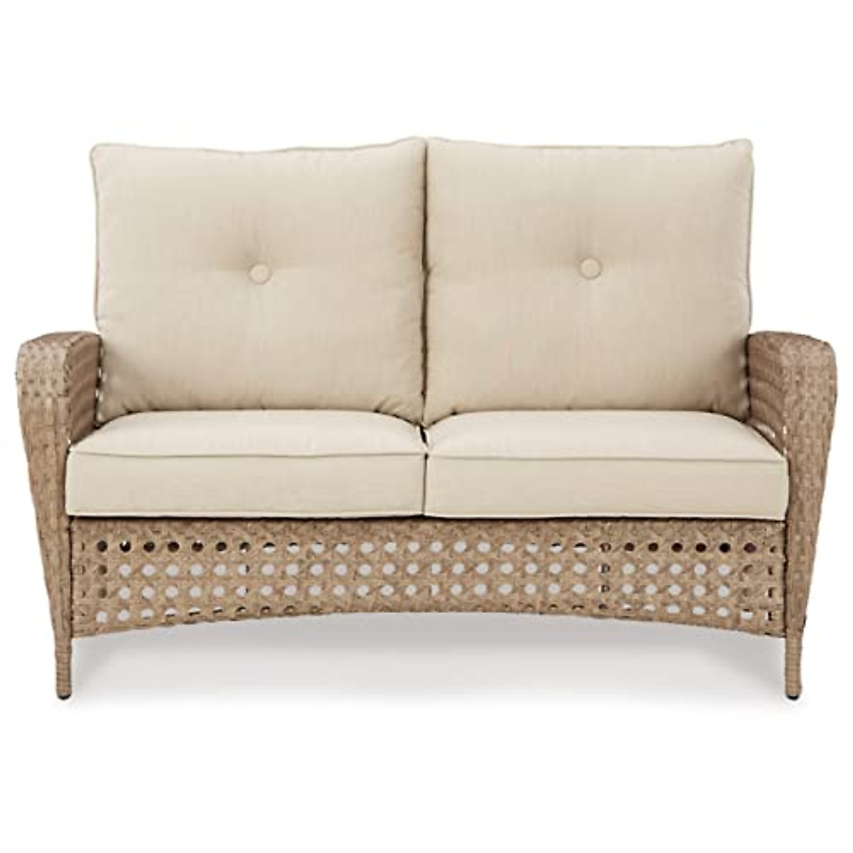 Signature Design by Ashley Braylee Outdoor 2 Piece Patio Driftwood Resin Wicker Cushioned Loveseat and Table, Rustic