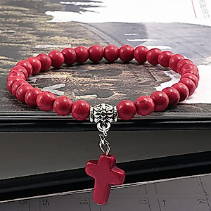 Softones 6mm Bead Cross Pendant Bracelet for Women Healing Stone Stretch Prayer Bracelet for Boy Girls,with Gift Box, Red Turquoise, 7 5 inch