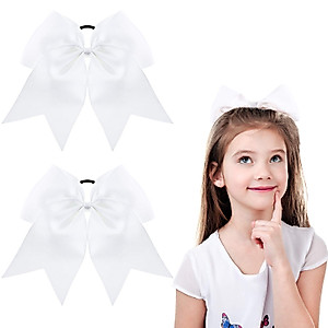 2 Packs Jumbo Cheerleading Bow 8 Inch Large Cheer Hair Bows with Ponytail Holder for Teen Girls Softball Outfit Uniform(White)