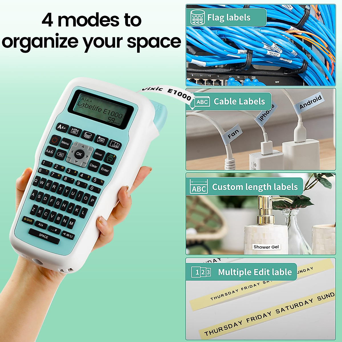 Vixic Handheld Label Maker Machine with Tape,E1000 Label Printer with QWERTY Keyboard Easy to Use Portable Label Makers for Industrial Work Home School Office Organization Green